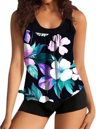 Generic Ensemble tankini imprim&eacute; conservateur pour femme - Maillot de bain fendu &agrave; motif floral avec coussinets de soutien-gorge int&eacute;gr&eacute;s et short boyshort, m