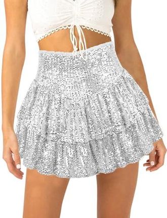Feoya Mini jupes pour femme - Jupe double couche - Taille haute - Jupe évasée à paillettes - Jupe courte fluide à paillettes - Jupe courte pour soirée en bo