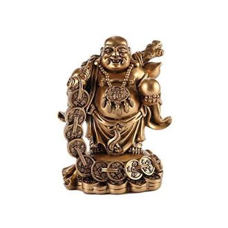 La Chineuse Statuette Bouddha Rieur - Traditions Bouddhistes - Sapèques Chinoises - Symbole Feng Shui Chance & Fortune dans la Maison - en Résine Doré 16,5 cm - I