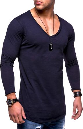 Behype. Herren Oversize Longsleeve Langarm T-Shirt V-Neck Ausschnitt 30-0014 Navy S