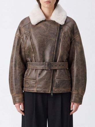 BLANCHA Veste courte crois&eacute;e en shearling avec fermeture &eacute;clair et ceinture