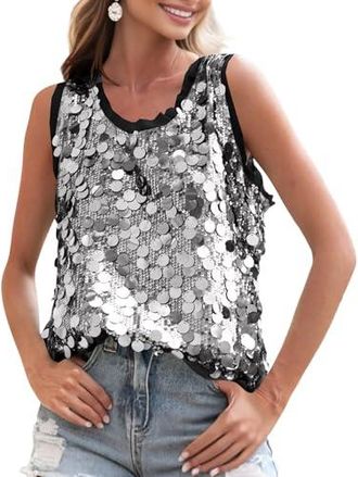 Generic Debardeur Femme Chic et &eacute;l&eacute;gant Chemisier sans Manche D&eacute;bardeur Court Crop Top Ete Haut a Paillette Chic et Elegant Fluide Ample Caraco Vetement Femme