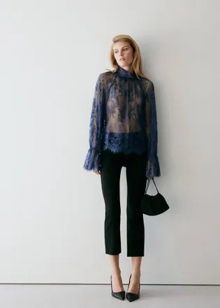 Mango Blouse dentelle fleurie bleu - Femme - S - MANGO