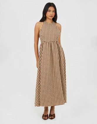 Brave Soul kariertes Maxikleid mit Neckholder in Braun