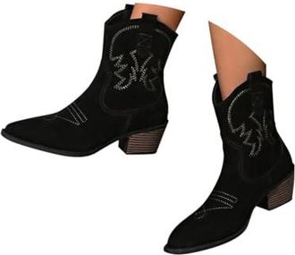 Minetom Femme Western Bottines De Cowboy Brod&eacute;e Chaussures De Cowgirl Bottes Courtes En Daim &Agrave; Talons Carr&eacute;s C Noir 39 EU