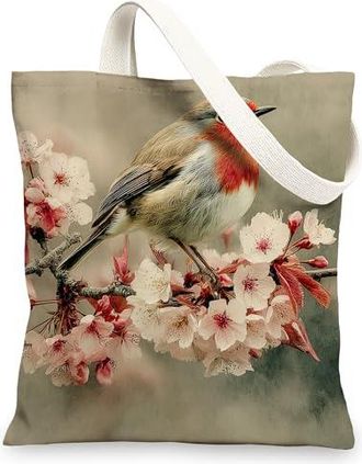 Generic Sac fourre-tout en toile motif oiseaux et fleurs, sacs de courses réutilisables, légers et vintage, 33 x 38 cm