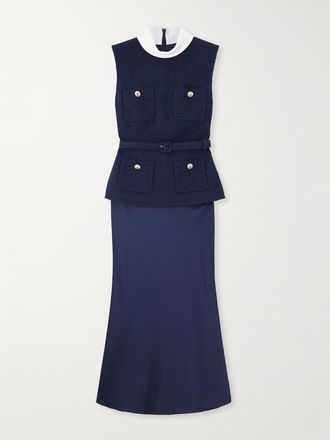 Self Portrait Robe Midi En Bouclé À Finitions En Crêpe Et À Ceinture - Bleu