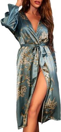 Feoya Robe de chambre en satin doux pour femme - Robe de nuit longue en soie - Col en V, Vert, L