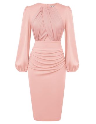 Grace Karin Damen Lang&auml;rmeliges Kleid mit Hoher Taille Gerafftes Cocktailkleid mit Rundhalsausschnitt Hell-Pink L