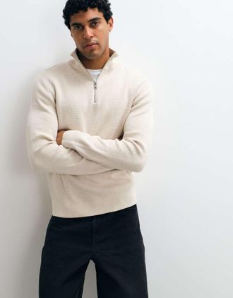 Jack & Jones Premium Strickpullover mit Viertelrei&szlig;verschluss in Wollwei&szlig;