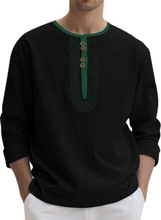 Generic Chemise en lin &agrave; manches longues pour homme - Chemise de plage en coton - Coupe ajust&eacute;e - Chemise d&eacute;t&eacute; l&eacute;g&egrave;re - Col rond - T-shirt d&eacute;contract&eacute; pour la