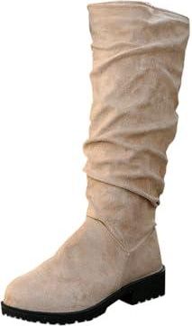 Generic Bottes hautes d&eacute;contract&eacute;es en faux daim pour femme, couleur unie, &eacute;l&eacute;gantes, talon bas, confortables, &agrave; enfiler, pour f&ecirc;te, shopping, kaki, 37.5 EU