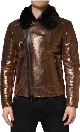 Dolce & Gabbana Homme, Vestes, Brun, Taille: S Blouson de motard en cuir et fourrure avec fermeture &eacute;clair int&eacute;grale