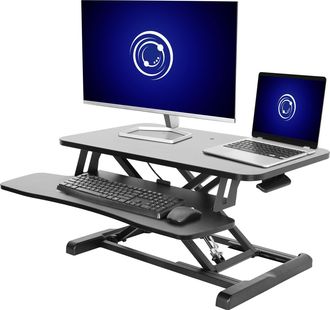 Vivo Vivo DESK-V028KB Höhenverstellbarer Schreibtischaufsatz, Sitz-Steh-Arbeitsplatz für zwei Monitore und Laptop, mit breiter Tastaturablage, Schwarz, 71,