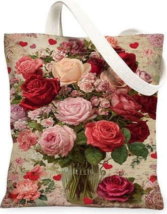 Generic Sacs fourre-tout en toile florale, sacs &agrave; provisions r&eacute;utilisables, motif rose vintage, romantique, rustique, l&eacute;ger, lavable, bandouli&egrave;re C, multicolo