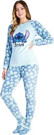 Disney Stitch Pyjama Polaire Femme Ensemble Pyjama avec Chaussettes Assorties Vêtements de Nuit Femme et Ado Doux et Chaud Idée Cadeau pour Elle (Bleu Stitch
