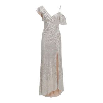Self Portrait Femme, Robes, Beige, Taille: 36 FR Robe Maxi Pliss&eacute;e &agrave; Strass et Volants