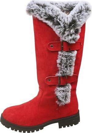 Generic Bottes de neige mi-mollet en peluche &eacute;paisse pour femme, bottes chaudes en faux daim avec boucle, bordure en fourrure, chaussures de marche pour lhive
