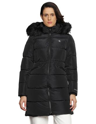 Calvin Klein Jeans Damen Mantel Faux Fur Hooded Fitted Long Winter, Schwarz (Ck Black), XXL