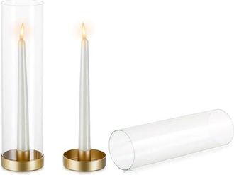 Nuptio Glaszylinder für Kerzen Kerzenhalter Gold: 30cm Satz Von 2 Klarglas Metall Kerzenständer Stabkerzen Stabkerzenhalter Groß Bodenlosen Zylinder Schatten