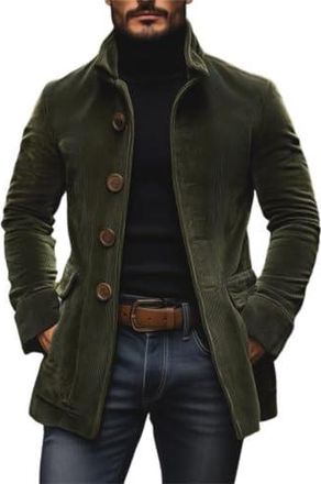 Generic Trench dhiver en velours c&ocirc;tel&eacute; pour homme - Manches longues - Col montant - Avec boutons &agrave; simple boutonnage, Vert, XL