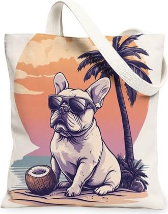 Generic Joli sac fourre-tout en toile motif bouledogue fran&ccedil;ais pour faire du shopping, 33 x 38,1 cm, sac d&eacute;picerie r&eacute;utilisable pour femme, motif animal de c