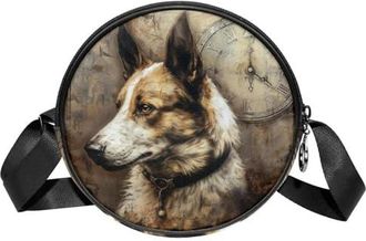 Generic Sac &agrave; bandouli&egrave;re rond pour femme, motif chien vintage, petit sac &agrave; bandouli&egrave;re avec fermeture &eacute;clair, bretelles r&eacute;glables, sac &agrave; main rond d&eacute;contract