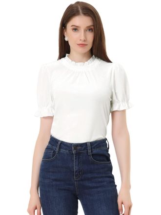 Allegra K Damen Bluse Samt Kurzarm R&uuml;schenkragen Velvet Elegant Oberteile Wei&szlig; XS