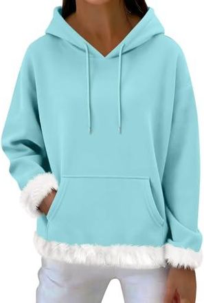 Generic Sweat à capuche à col en peluche pour femme - Pull de Noël surdimensionné à manches longues - Sweat à capuche ample et décontracté pour femme, bleu cl