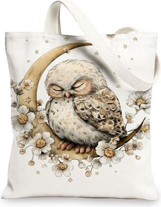 Generic Sacs fourre-tout en toile motif hibou, motif animal mignon, sac de courses réutilisable, sacs de courses artistiques, vintage, légers et lavables pour