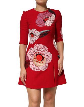 Dolce & Gabbana Womens Red Lace Floral Applique A-Line Mini Dress Wool