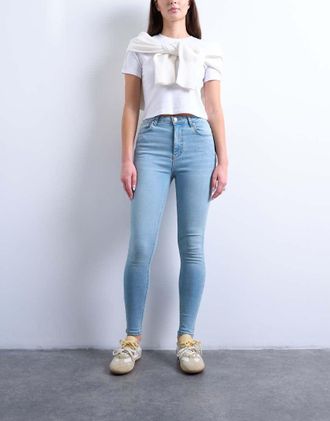Topshop Jamie - Skinny-Jeans in Bleach-Waschung mit hohem Bund-Blau