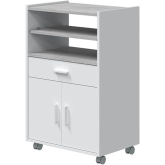 PEGANE Pegane - Meuble pour micro-ondes sur roulette en bois m&eacute;lamin&eacute; blanc effet b&eacute;ton - Longueur 59 x Profondeur 40 x Hauteur 92 cm