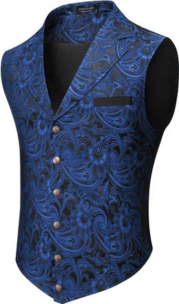 Coofandy Herren-Anzugweste, Paisleymuster, viktorianische Weste, Gothic, Steampunk, formelle Smoking-Weste mit gekerbtem Revers, Blau, Large