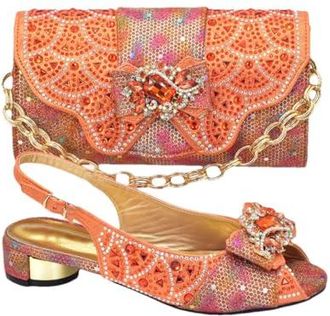 Generic Escarpins à talon moyen pour femme avec sac élégant assorti pour banquets, mariages et tenues de soirée, Orange, 42.5 EU