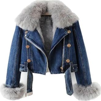Generic Veste en jean chaude avec col en fausse fourrure de lapin doubl&eacute;e de fourrure de lapin pour femme - Haut court dhiver amovible, noir fonc&eacute;, M