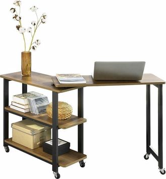 SoBuy FWT83-PF L-f&ouml;rmiger Beistelltisch mit 2 Ablagen Sofatisch mit Rollen Couchtisch Eckschreibtisch Computertisch Arbeitstisch Industrie-Design bht ca