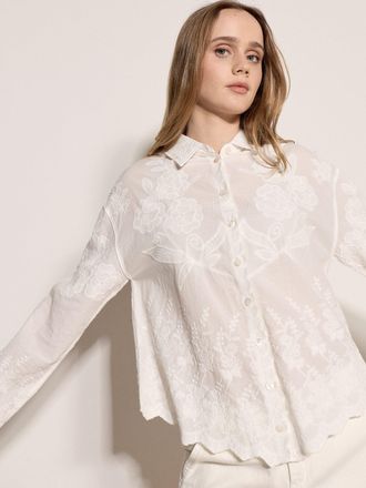 Apricot Embroidered Floral Cotton Shirt