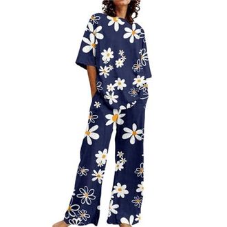 Generic Ensemble de pyjama 2 pièces à manches longues pour femme - Tenue dété pour femme grande taille - Ensemble de pyjama doux deux pièces pour les loisirs 