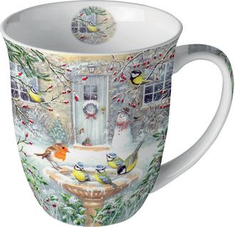 Ambiente Tasse Weihnachten Vögel an Vogeltränke im Winter aus Porzellan. Motivtasse für den gedeckten Tisch und als Geschenk 0,4L x H10,5cm