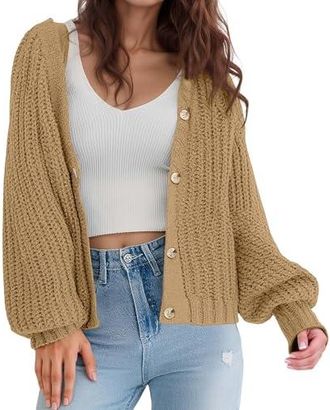 Generic Pull &eacute;pais ouvert sur le devant &agrave; manches longues en tricot boutonn&eacute; pour femme, kaki, 3XL