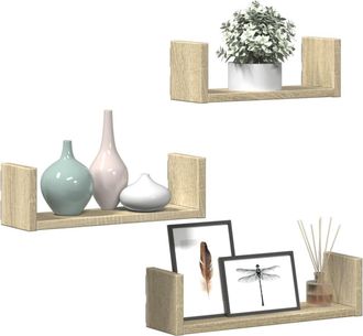 Generic 3X Wandregal U-f&ouml;rmig, H&auml;ngeregal, Lounge B&uuml;cherregal, Wandboard Dekoregal, Schweberegal, CD/DVD Regal, Wand Deko, Holzwerkstoff(Sonoma-Eiche 60x15x10