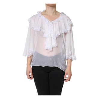 Dolce & Gabbana Femme, Blouses et Chemises, Blanc, Taille: 40 FR Chemisier Blanc avec Volants et Dentelle