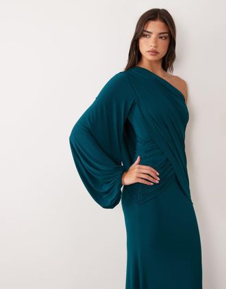 Asos robe longue moulante asym&eacute;trique drap&eacute;e &agrave; manches blousantes en bleu p&eacute;trole-Gris