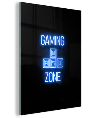 MuchoWow &copy; Glasbilder 60x80 cm Deko Schlafzimmer Aesthetic Wohnzimmer Glas Gem&auml;lde Foto Geschenk Living Room Decoration Gaming Zone - Text - Neon - Blau