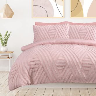 Sleepdown Bettw&auml;sche-Set, geometrisch, strukturiert, getuftet, Diamant, Rosa, Bettbezug und Kissenbez&uuml;ge, weich, pflegeleicht - King (230 x 220 cm)