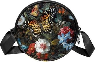 Generic Sac &agrave; bandouli&egrave;re rond pour femme, motif papillon, fleurs, petit sac &agrave; bandouli&egrave;re avec fermeture &eacute;clair, bretelles r&eacute;glables, sac &agrave; main rond d&eacute;contr