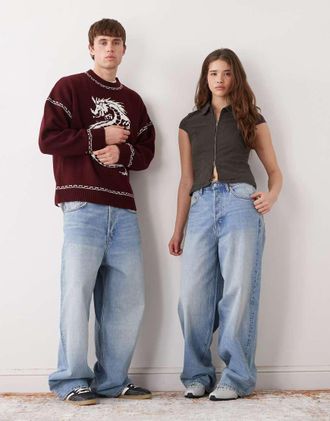 Weekday Astro - Weite Unisex-Jeans in dunkelblauer Waschung mit niedrigem Bund