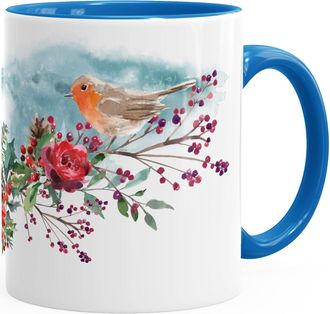 Autiga Kaffee-Tasse Vogel Rotkehlchen Blumen Misteln Watercolor Bird Weihnachten Christmas blau unisize