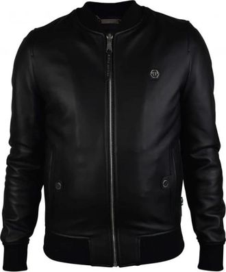 Philipp Plein Homme, Vestes, Noir, Taille: S Bomber Cuir Lisse Argent Boutons Logo PP5